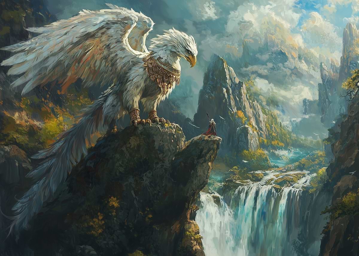 'Griffin Rider Overlooking the Waterfall' Poster, picture, metal print ...
