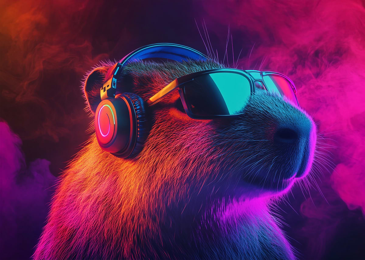 'Capybara with Headphones' Poster, picture, metal print, paint by Art ...