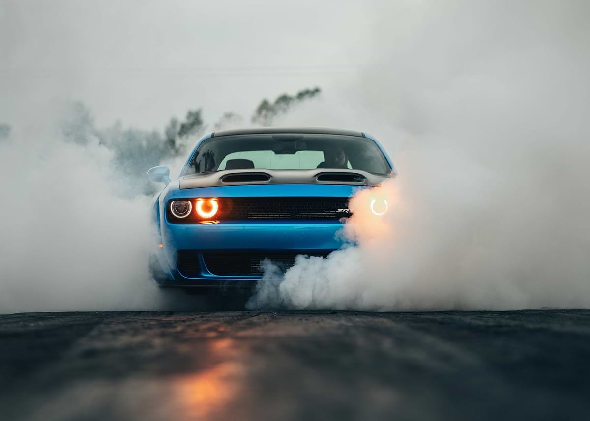 'Blue Dodge Challenger Burning Rubber' Poster, picture, metal print ...
