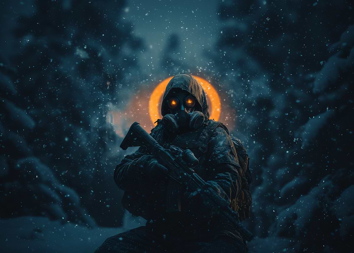 'Gas Mask Soldier in Snow Stalker' Poster, picture, metal print, paint ...