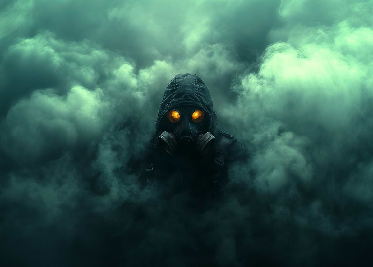 'Gas Mask Figure in Smoke' Poster, picture, metal print, paint by ...