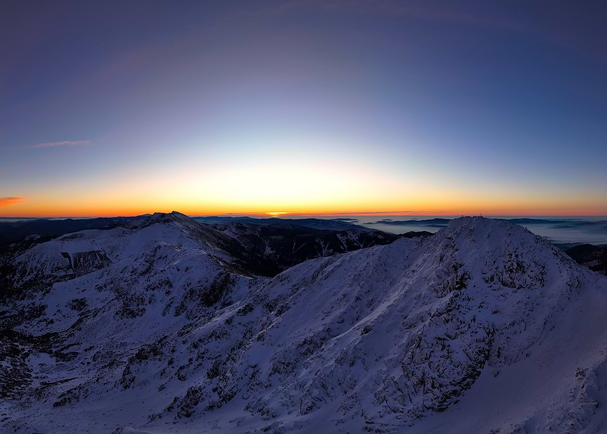 'Snowy Mountain Peaks at Sunrise' Poster, picture, metal print, paint ...