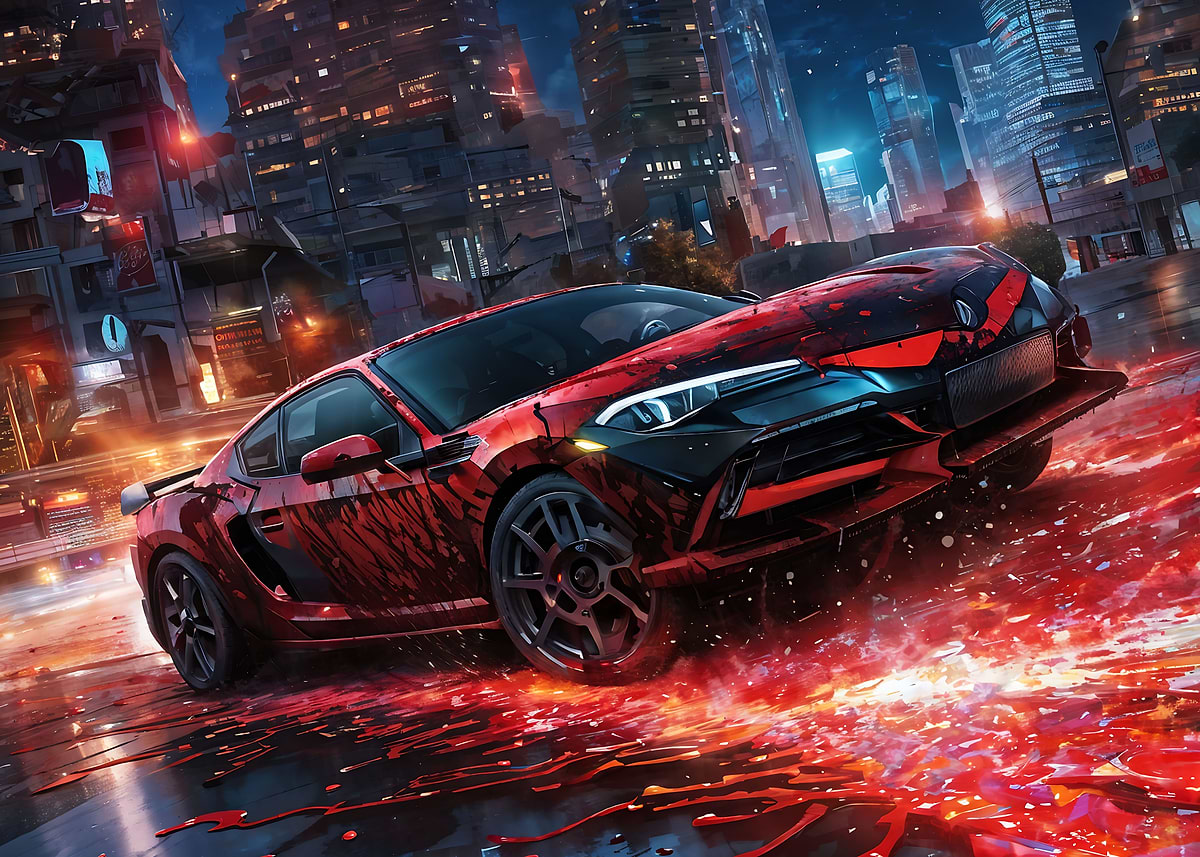 'Red Sports Car in Cyberpunk City' Poster, picture, metal print, paint ...