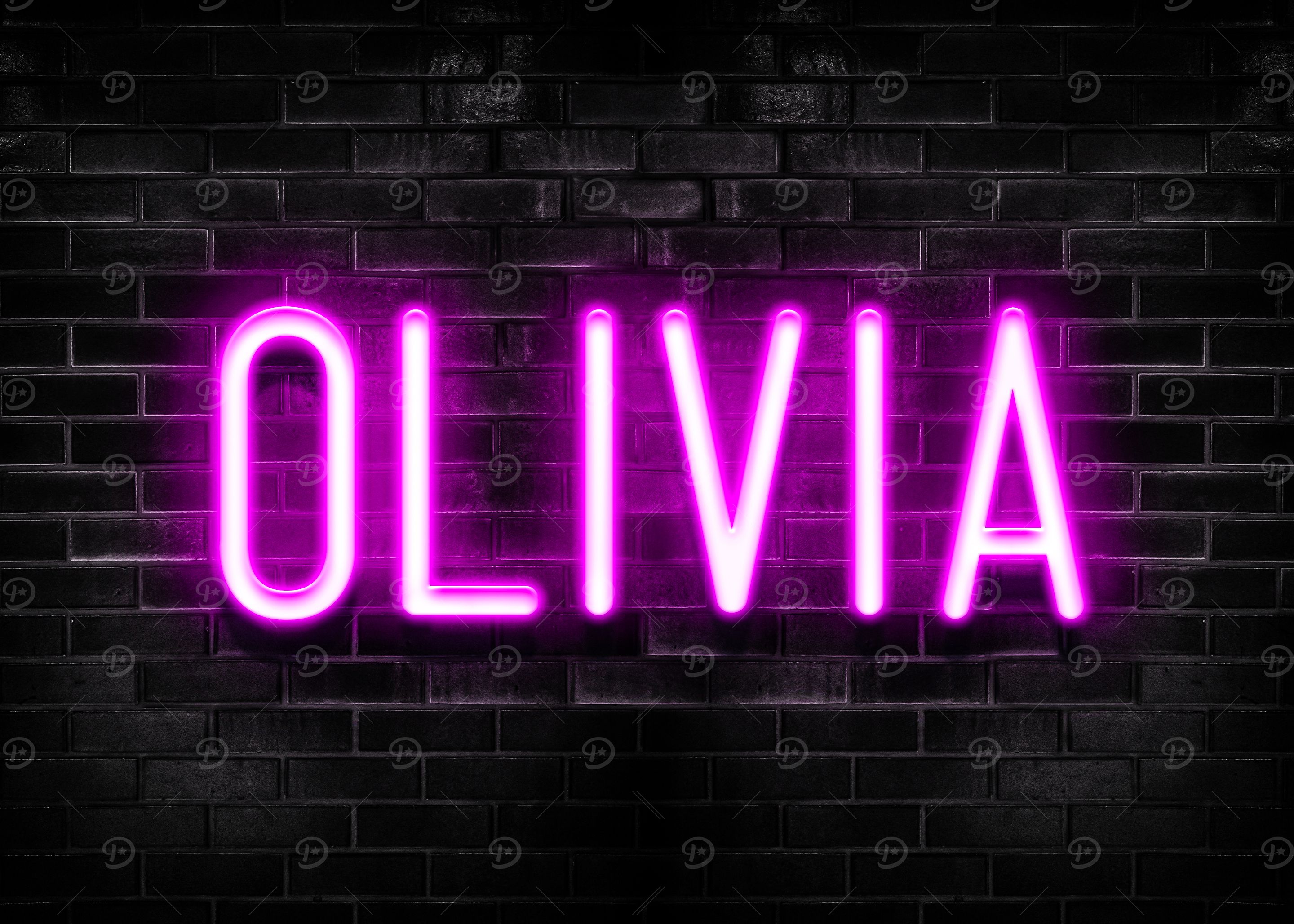 'Olivia Neon Sign on Brick Wall' Poster, picture, metal print, paint by ...