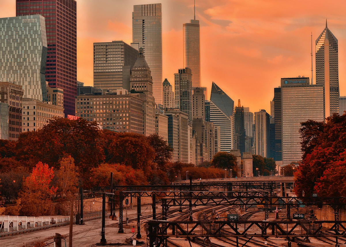 'Chicago Skyline at Sunset' Poster, picture, metal print, paint by ...
