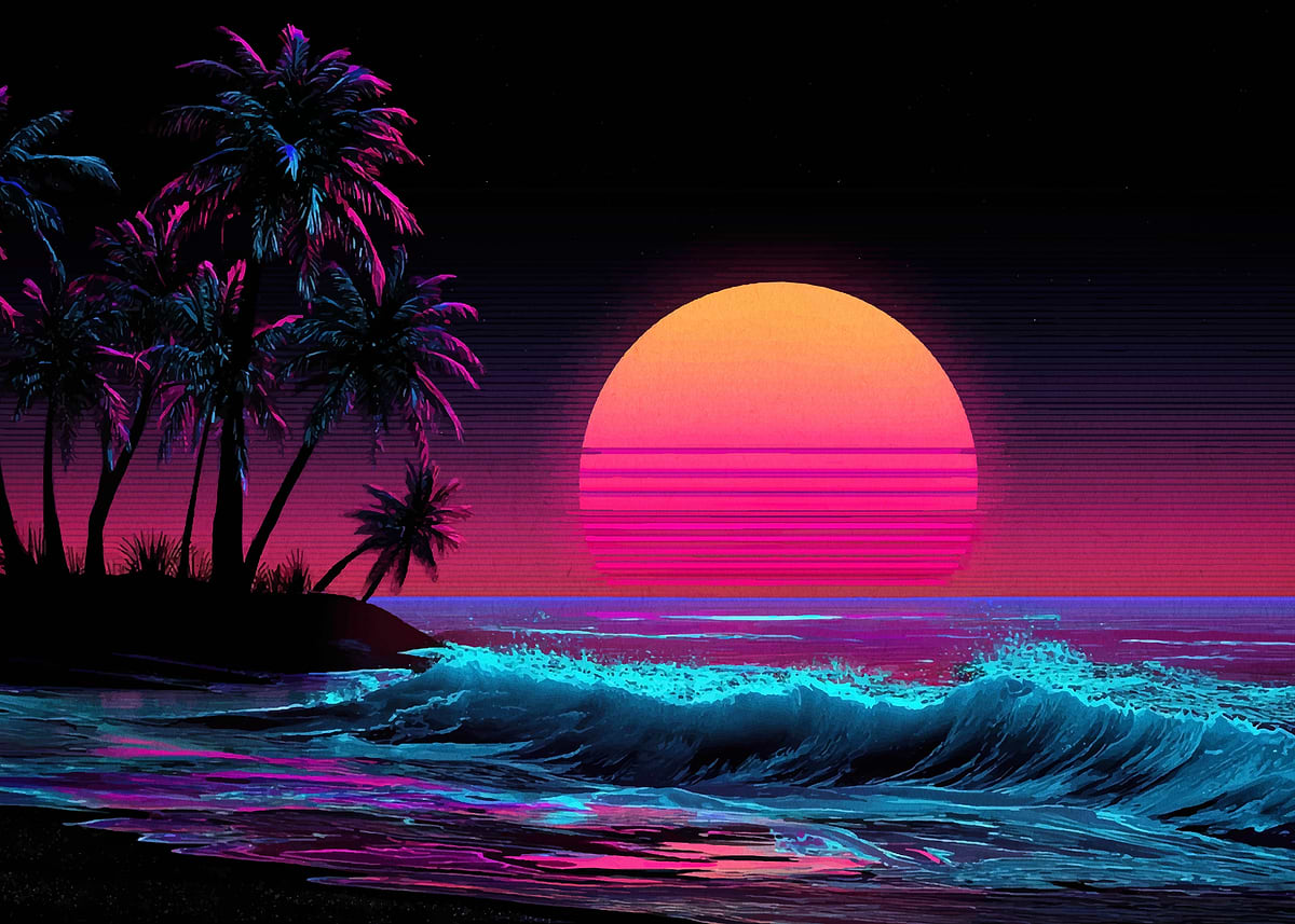 'Synthwave Beach Sunset' Poster, picture, metal print, paint by Johnny ...