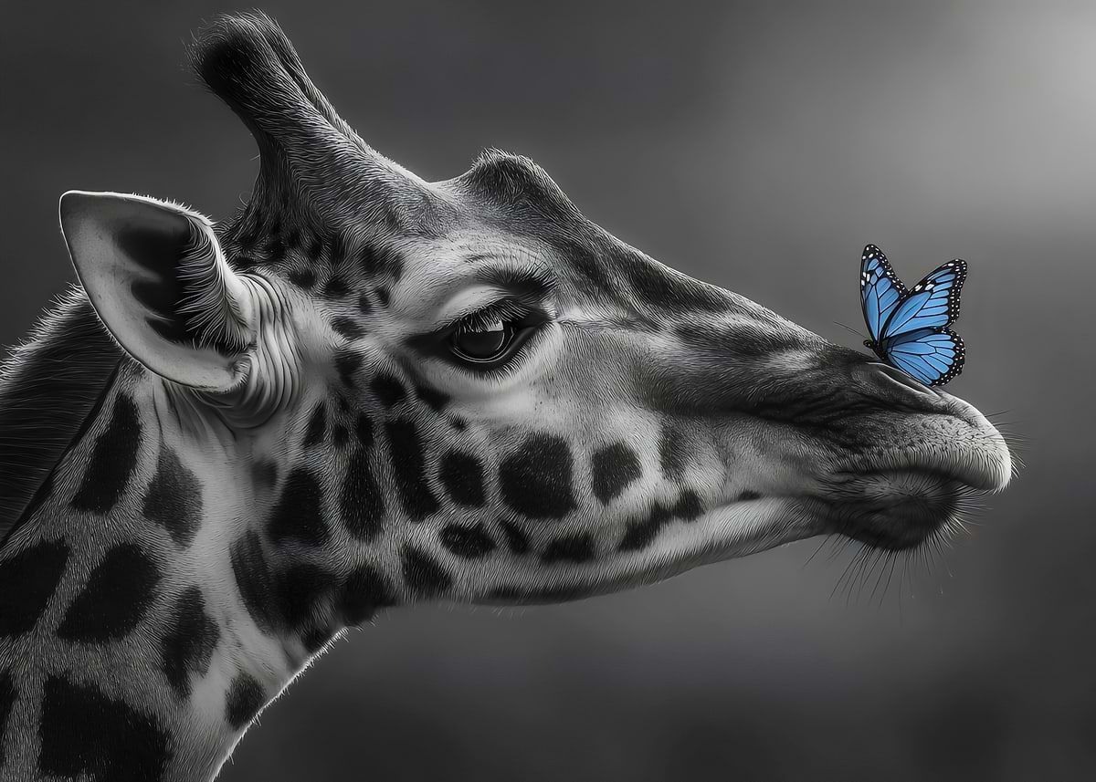 'Giraffe with Blue Butterfly' Poster, picture, metal print, paint by ...