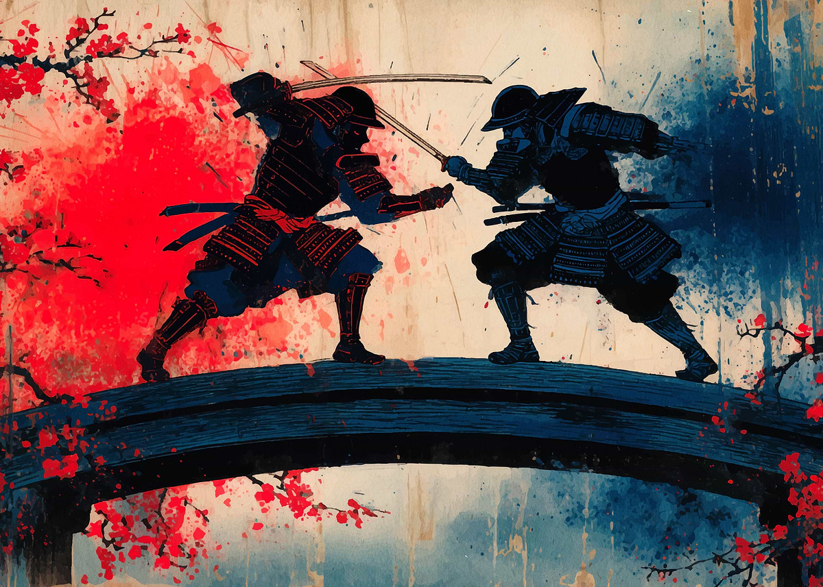 'Samurai Duel on Bridge' Poster, picture, metal print, paint by Caspar ...