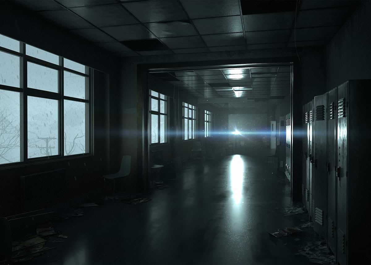 'Dark School Hallway with Lockers' Poster, picture, metal print, paint ...