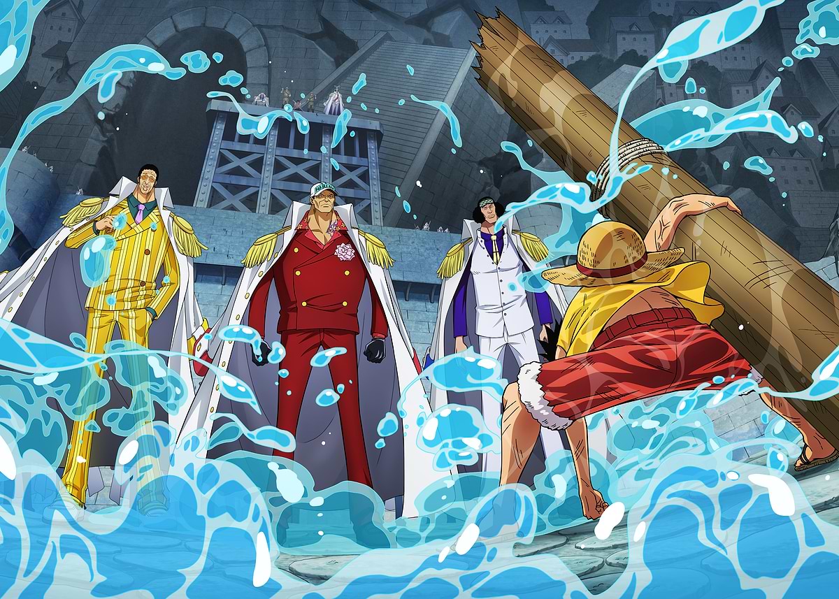 'Iconic Moments Brushed Luffy Faces Three Admirals' Poster, picture ...