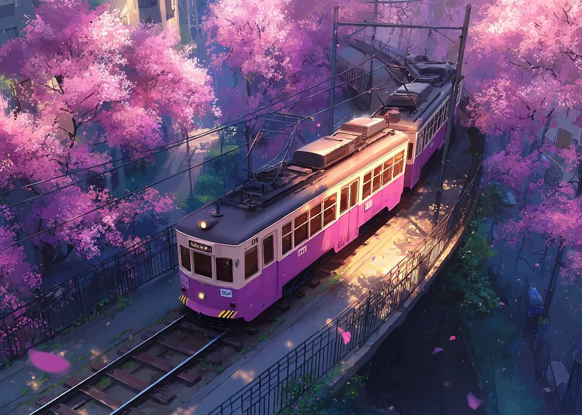 'Pink Tram in Cherry Blossom Landscape' Poster, picture, metal print ...