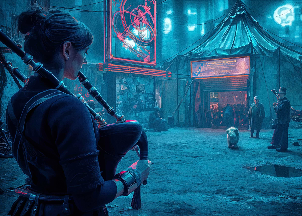 'Cyberpunk Bagpiper in Neon Cityscape' Poster, picture, metal print ...