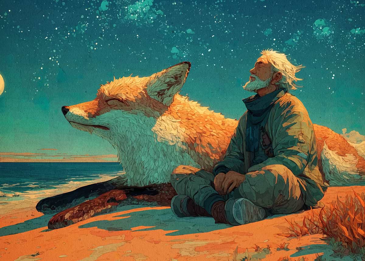 'Man and Fox Contemplating the Stars' Poster, picture, metal print ...