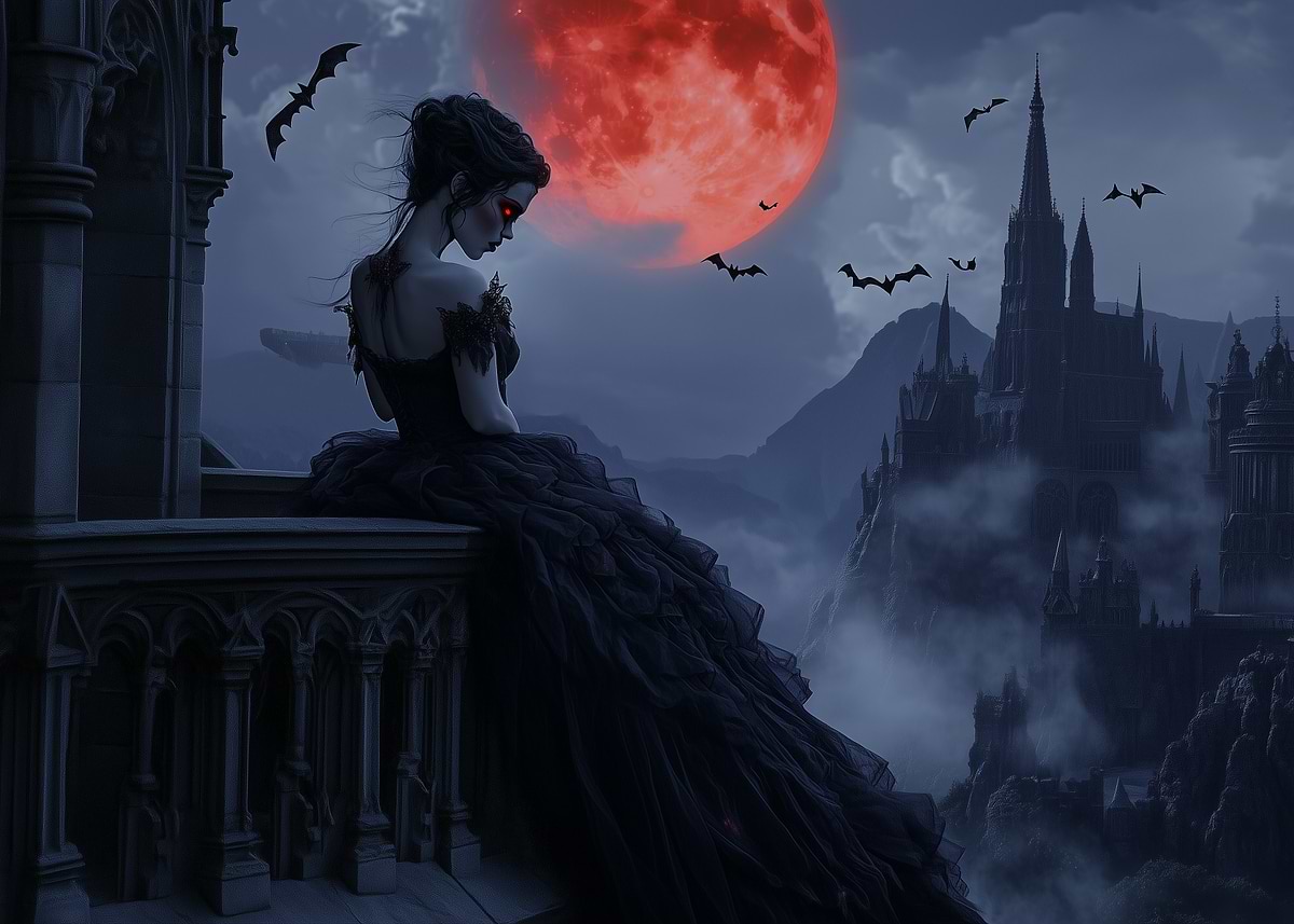'Vampire Woman on Balcony with Red Moon' Poster, picture, metal print ...