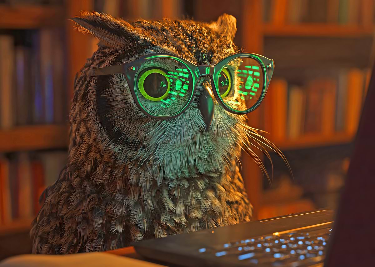 'Owl with Glasses Using Laptop' Poster, picture, metal print, paint by ...