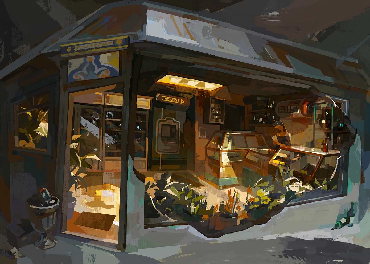 'Martinaise Shopfront at Dusk' Poster, picture, metal print, paint by ...