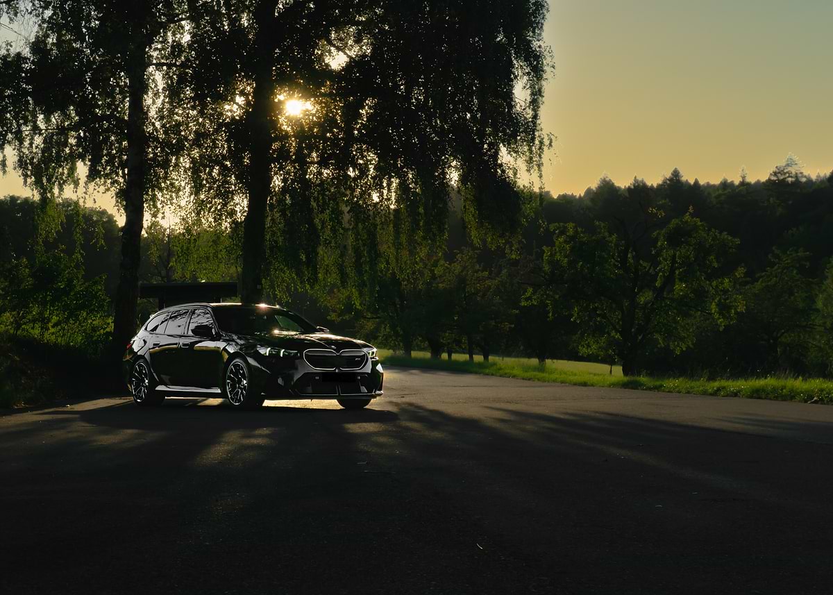 'Black BMW M5 Touring Sunset' Poster, picture, metal print, paint by ...