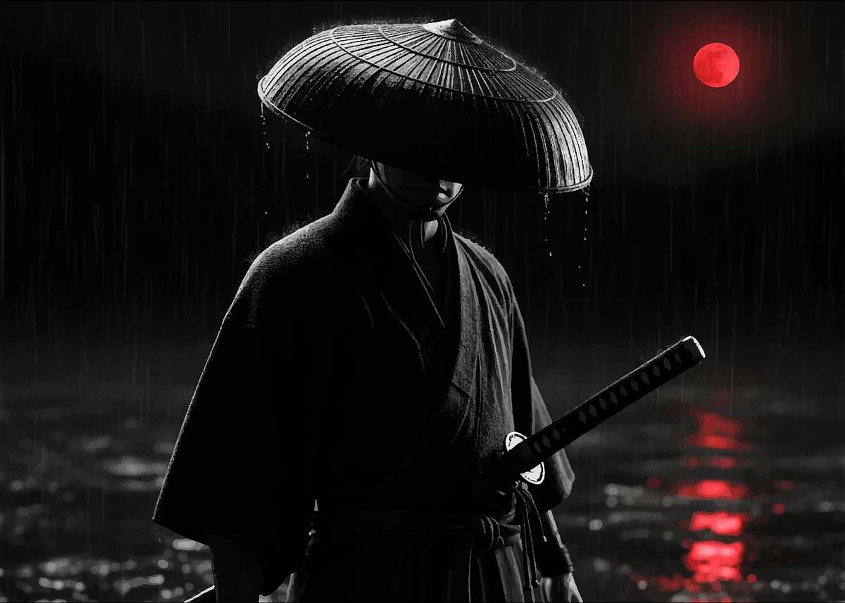 'Samurai in Rain with Red Moon' Poster, picture, metal print, paint by ...