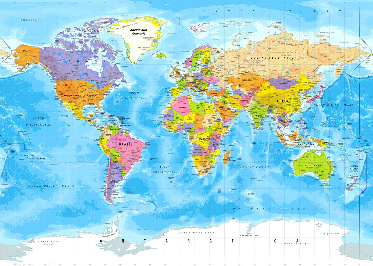 'detailed world map with country borders' Poster, picture, metal print ...