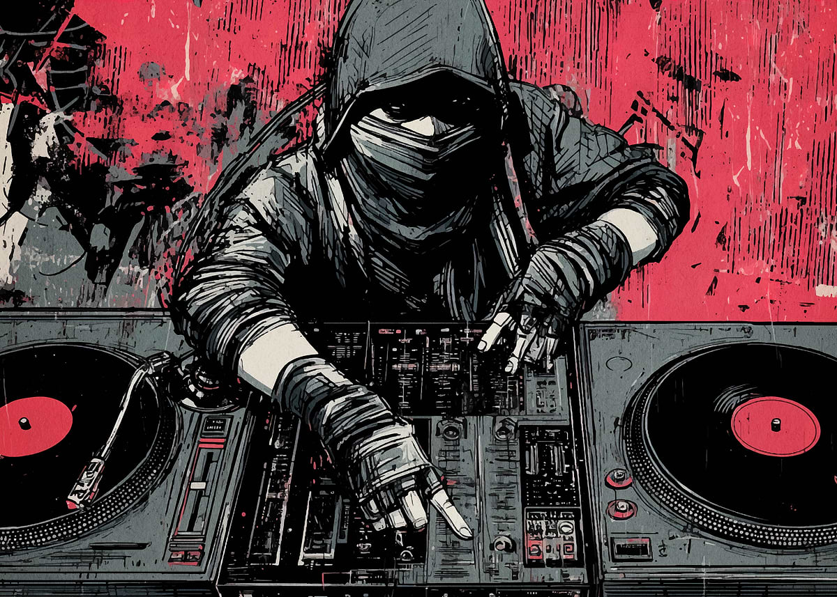 'Hooded DJ with Turntables' Poster, picture, metal print, paint by ...