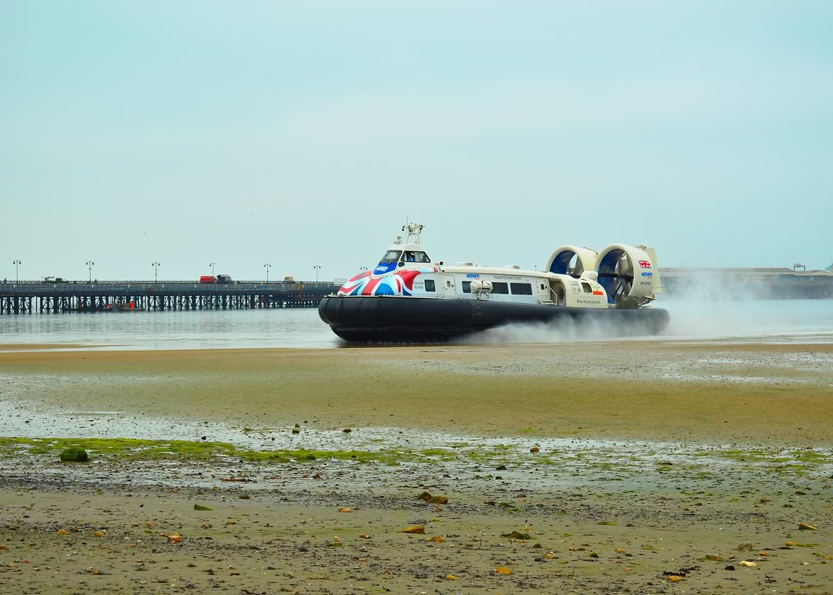'Hovercraft on Beach with Pier' Poster, picture, metal print, paint by ...