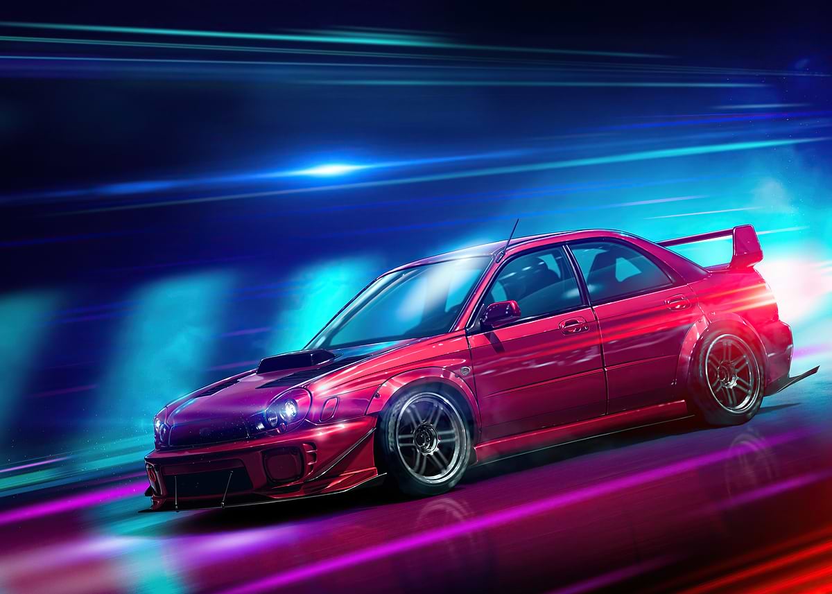 'Red Subaru Impreza with Neon Lights' Poster, picture, metal print ...