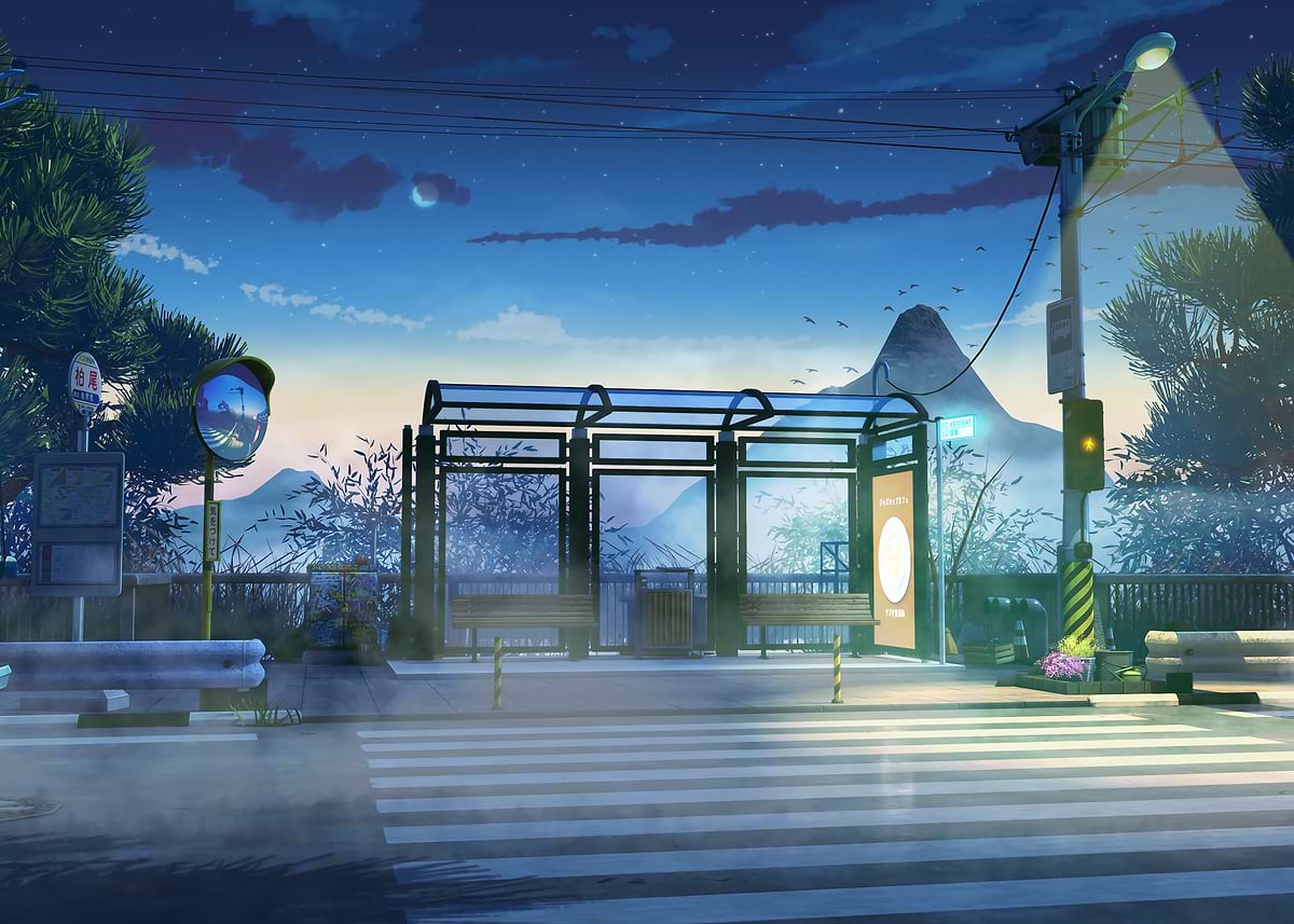 'Anime Bus Stop at Night' Poster, picture, metal print, paint by Ron ...