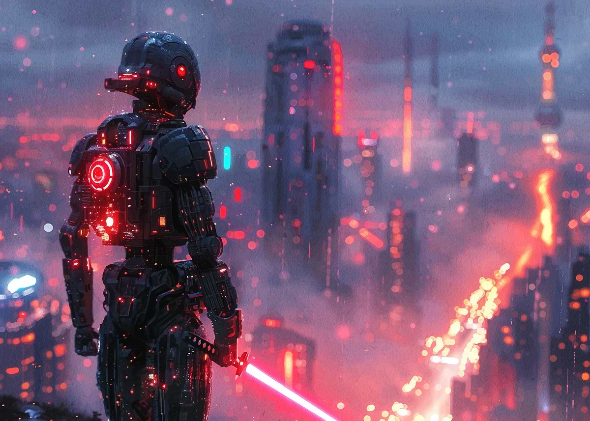 'Cyberpunk Warrior Overlooking Neon Cityscape' Poster, picture, metal ...