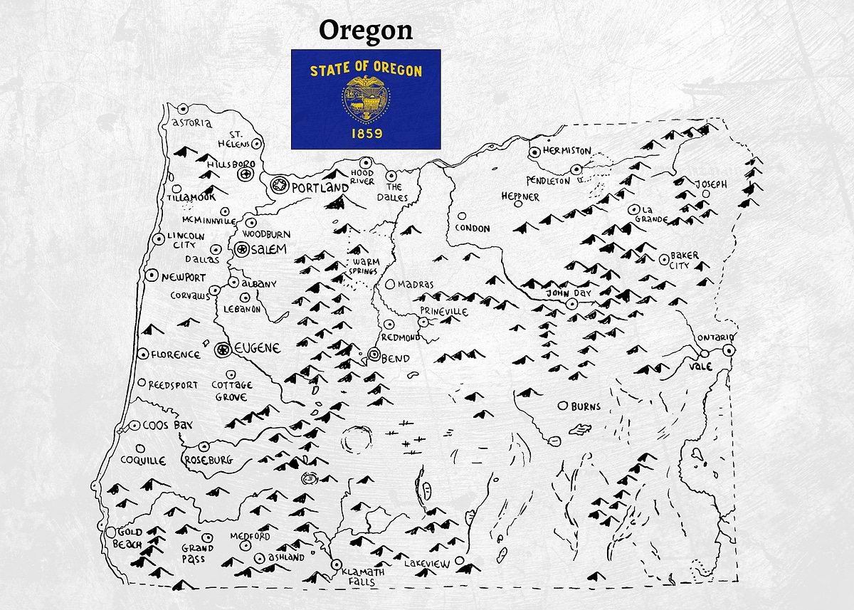 'Hand Drawn Map of Oregon' Poster, picture, metal print, paint by ...