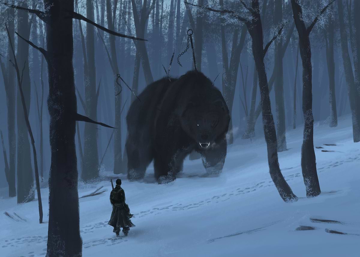 'Encounter with a chained bear in winter' Poster, picture, metal print ...