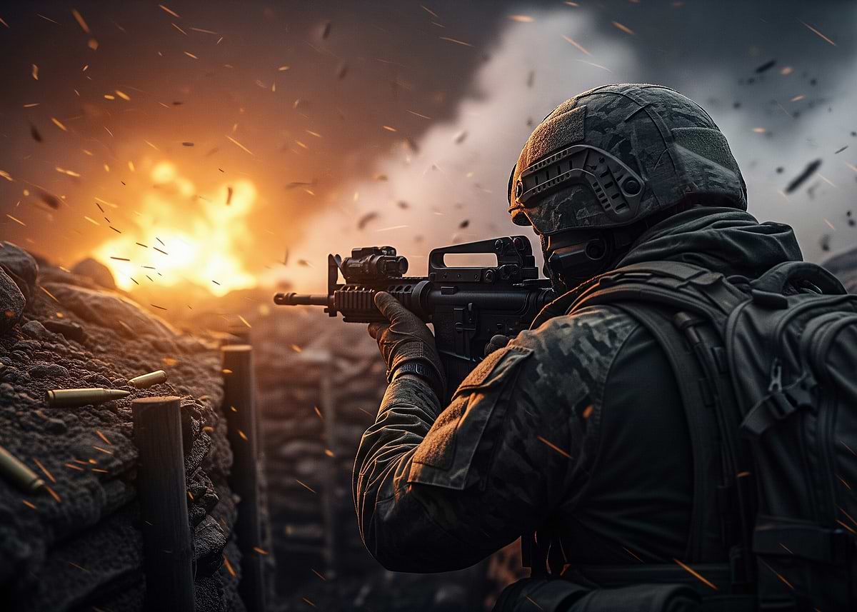 'Soldier firing weapon in combat zone' Poster, picture, metal print ...