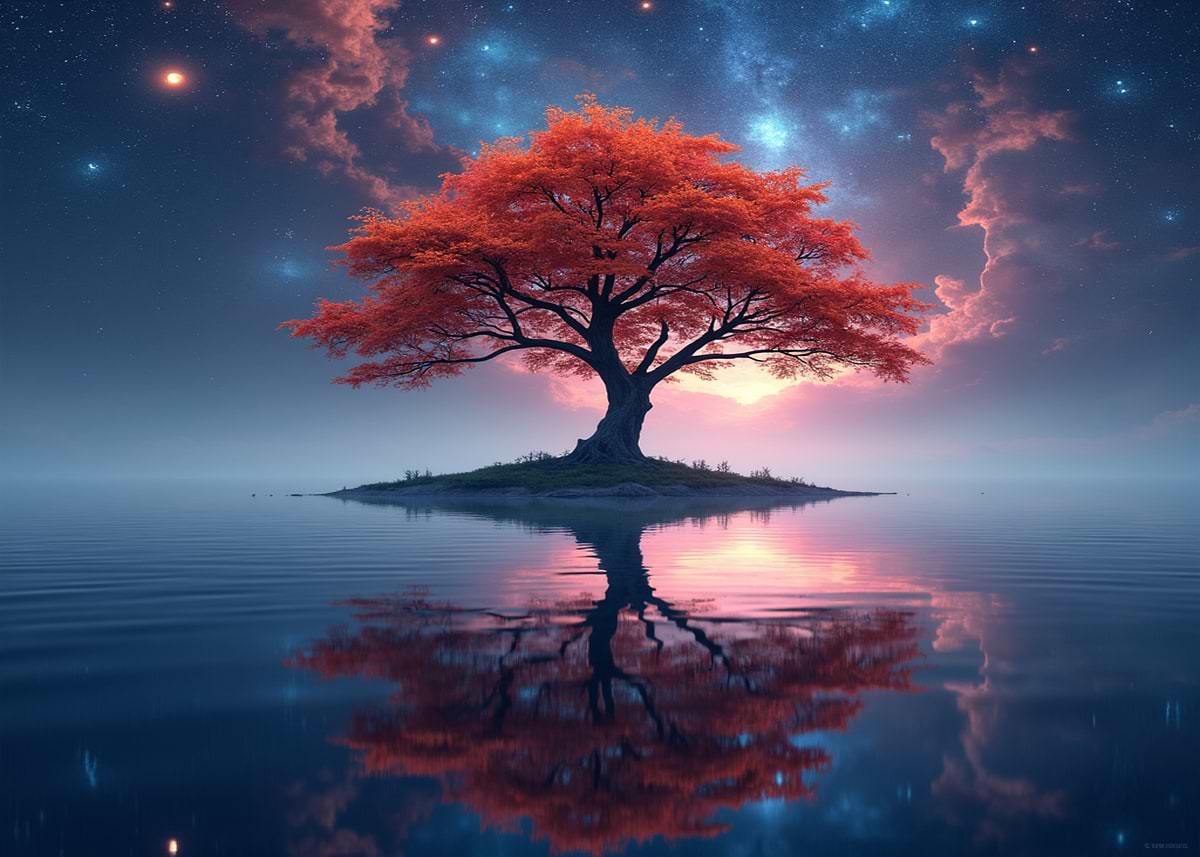 'Red Tree Reflection on Water' Poster, picture, metal print, paint by ...