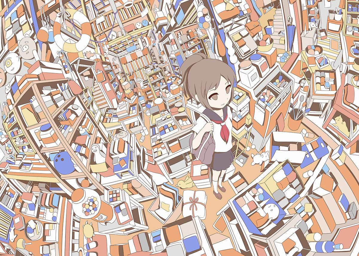 'Anime Girl in Overcrowded Room' Poster, picture, metal print, paint by ...