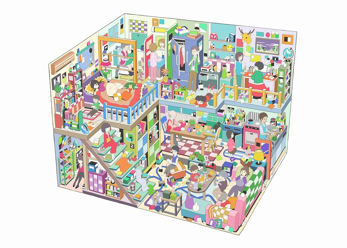 'Isometric view of a busy house' Poster, picture, metal print, paint by ...