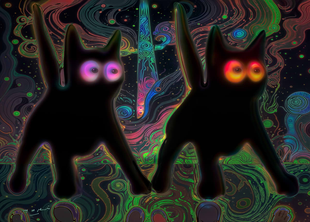 'Two Cats in Psychedelic Dreamscape' Poster, picture, metal print ...