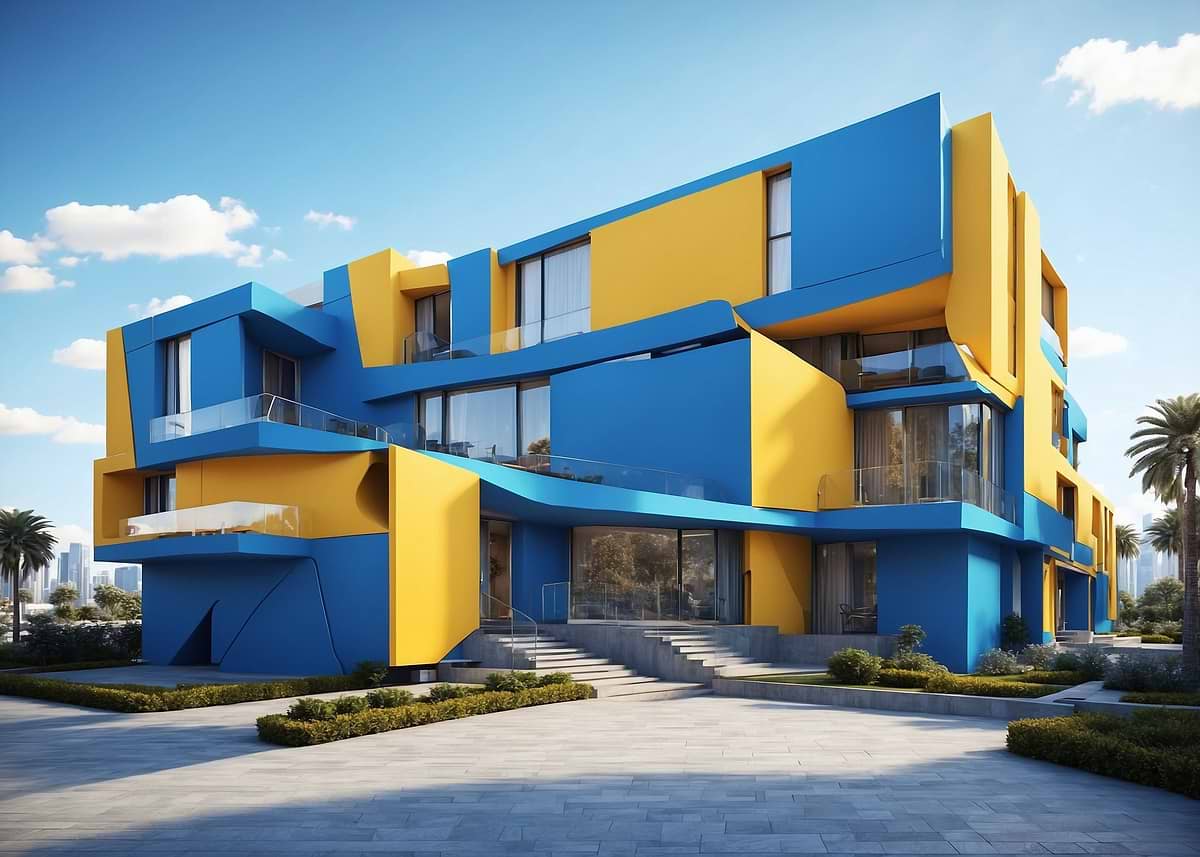 'Modern Blue and Yellow Building Exterior' Poster, picture, metal print ...
