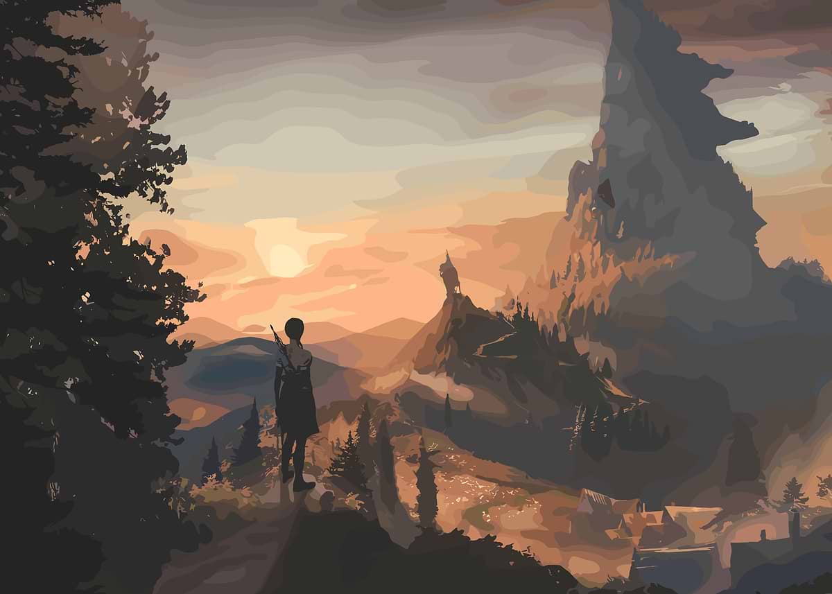 'Fantasy Landscape with Figure at Sunset' Poster, picture, metal print ...