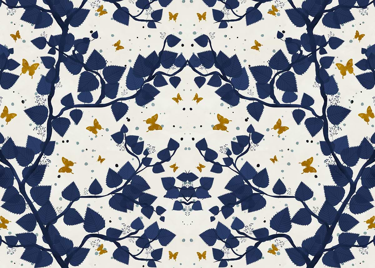 'Navy Trees and Golden Butterflies Pattern' Poster, picture, metal ...
