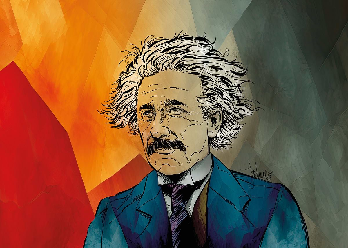 'Albert Einstein Portrait with Abstract Background' Poster, picture ...