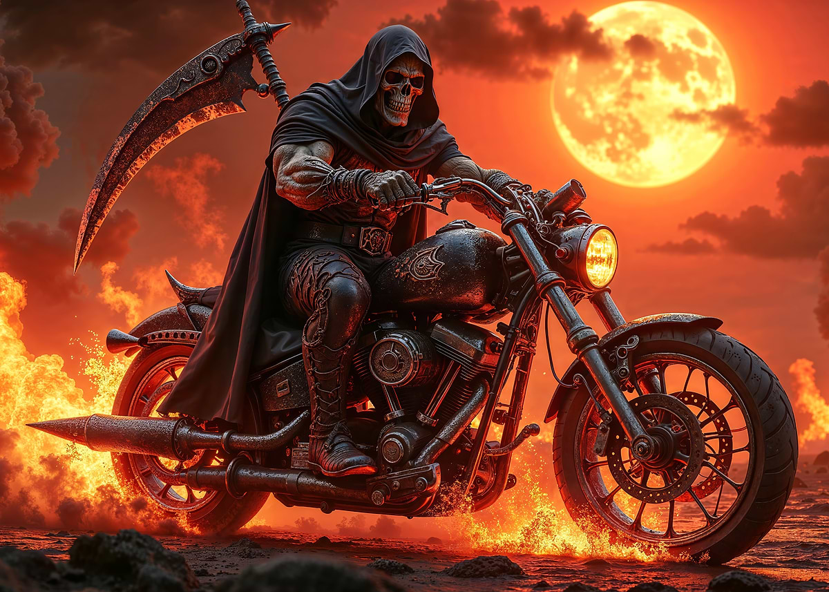 'Grim Reaper on Motorcycle' Poster, picture, metal print, paint by ...