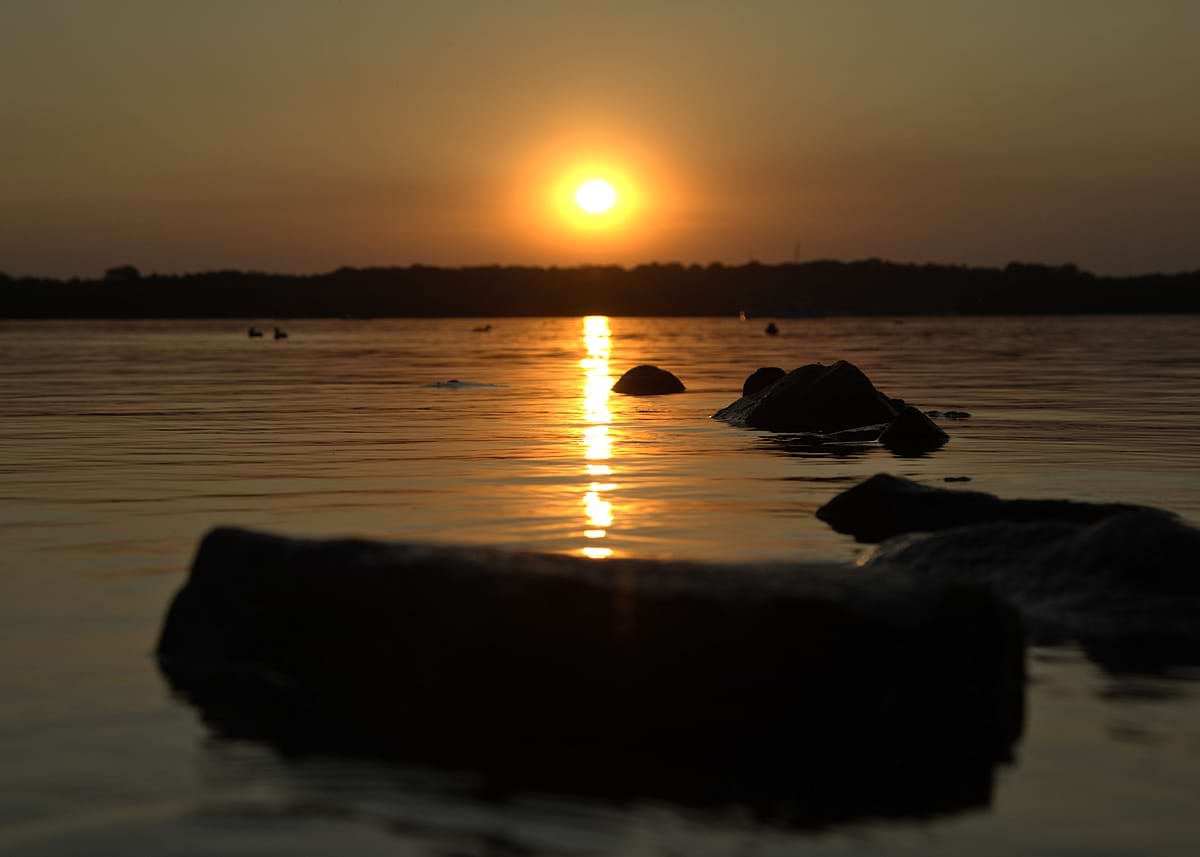 'Golden Sunset Over Water with Rocks' Poster, picture, metal print ...