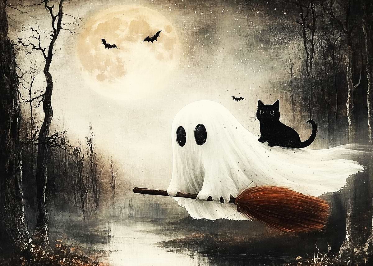 'Halloween Ghost Cat Broom Moonlight' Poster, picture, metal print ...