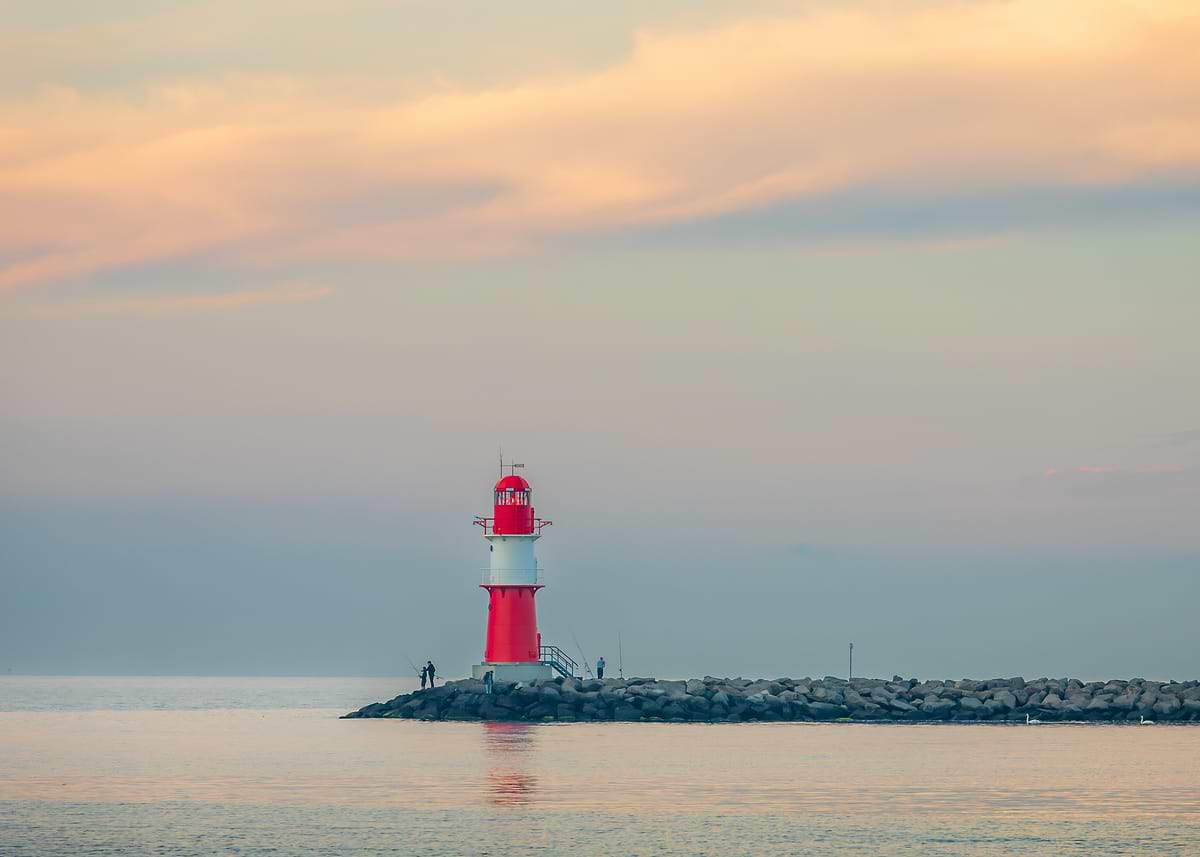 'Red and White Lighthouse at Sunset' Poster, picture, metal print ...