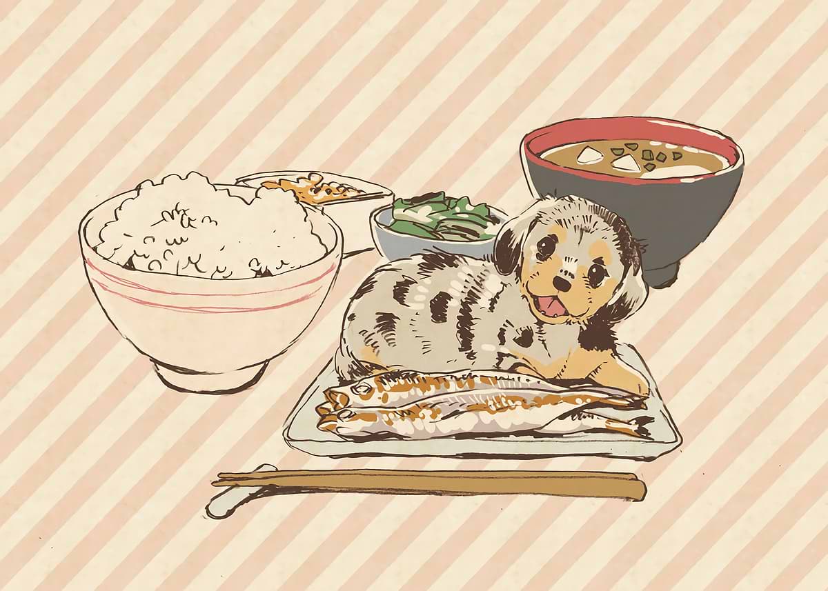 'Dog with Japanese Meal Illustration' Poster, picture, metal print ...