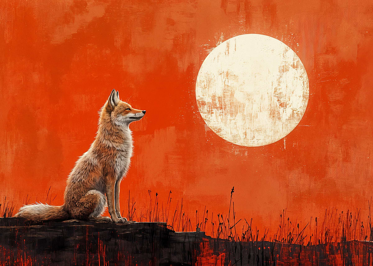 'Fox and Moon Orange Painting' Poster, picture, metal print, paint by ...
