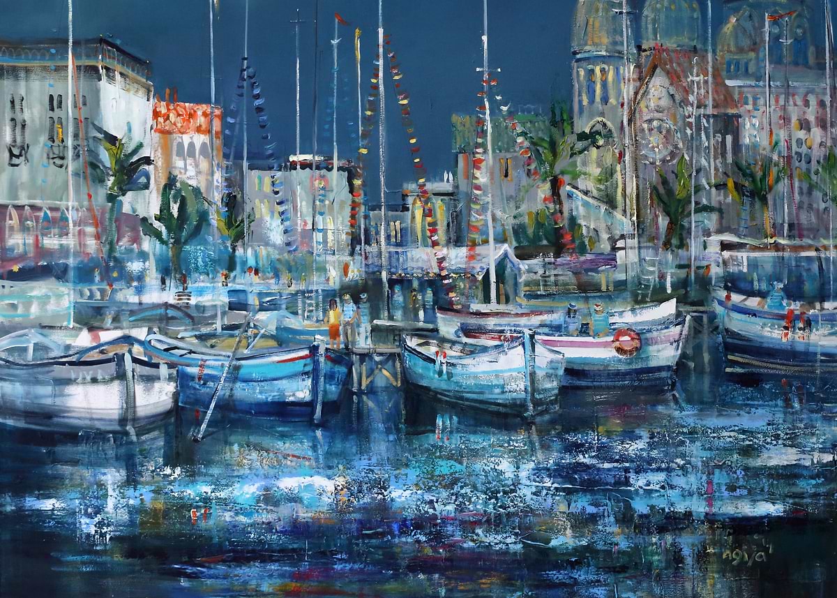 'Harbor Scene Painting with Boats' Poster, picture, metal print, paint ...
