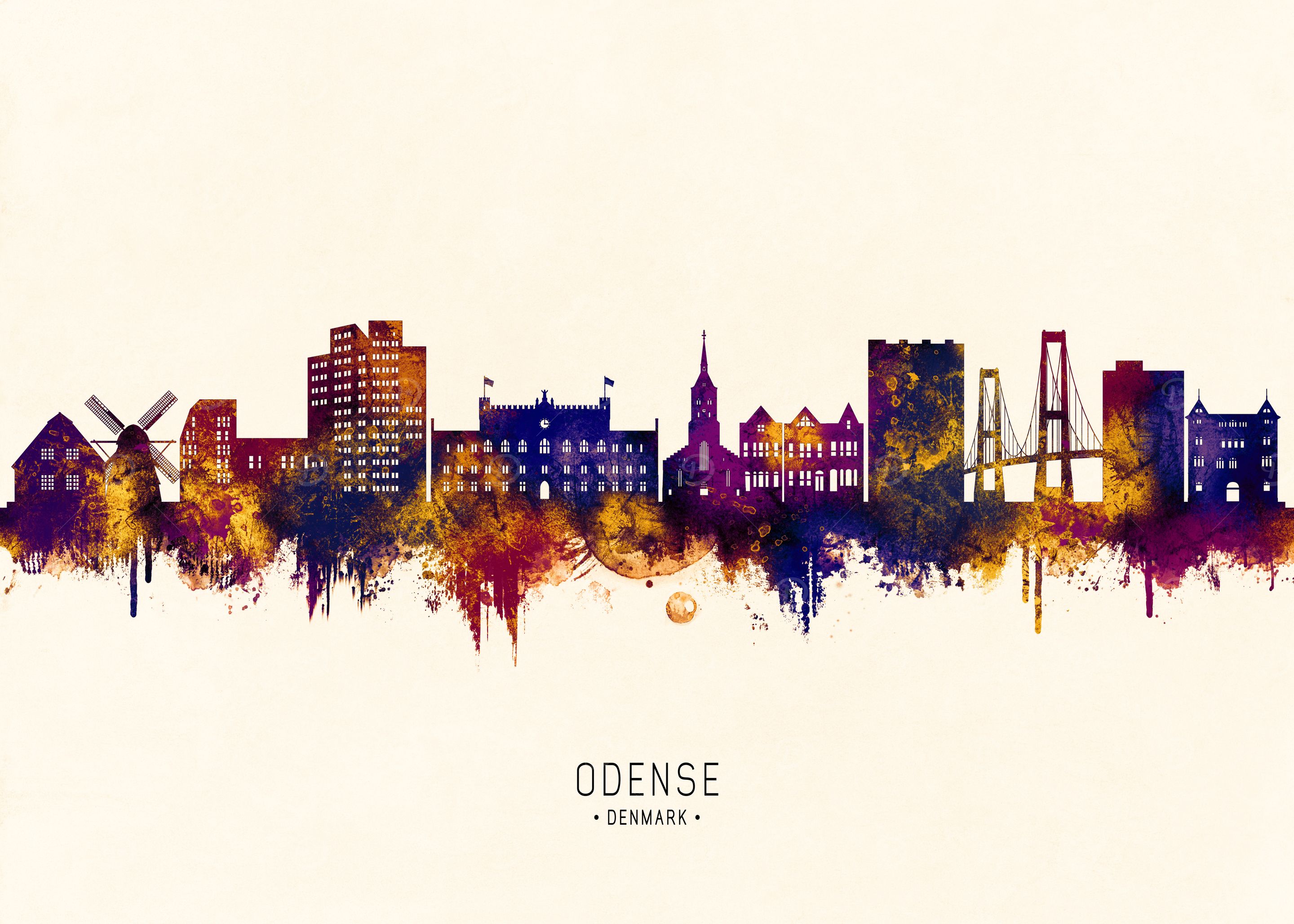 'Odense, Denmark Skyline Watercolor' Poster, picture, metal print ...