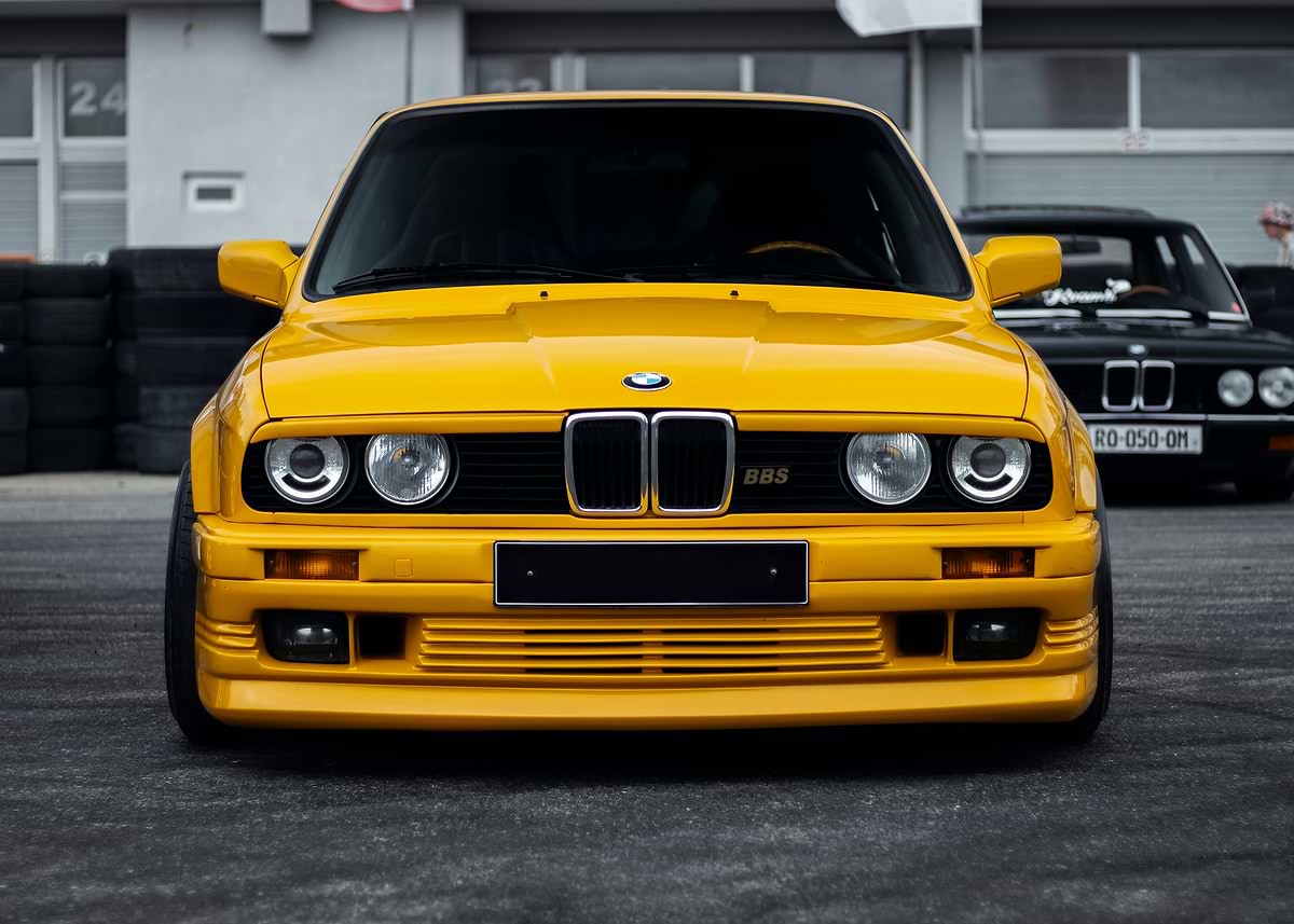'Yellow BMW E30 Front View' Poster, picture, metal print, paint by Va ...