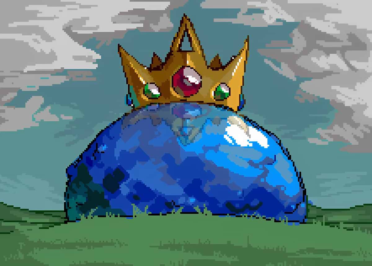 'Blue Slime with Crown Pixel Art' Poster, picture, metal print, paint ...