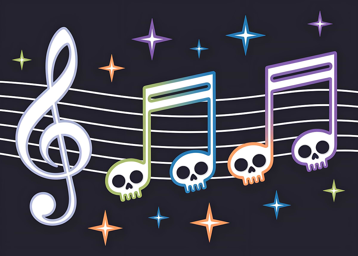 'Skull Music Notes with Stars' Poster, picture, metal print, paint by ...